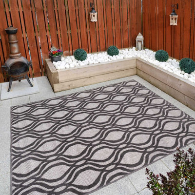 Grey Textured Flatweave Modern Trellis Weatherproof Indoor Outdoor Area ...