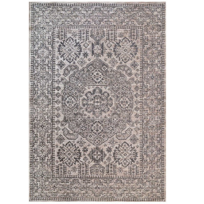 Grey Textured Woven Traditional Medallion Floral Border Easy Clean ...