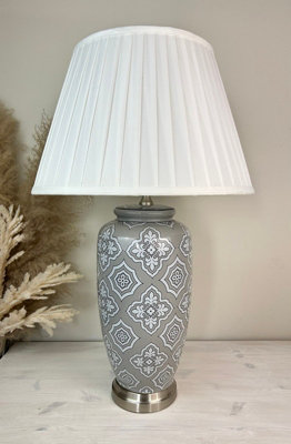 Grey Tile Ceramic Table Lamp with Pleated Shade