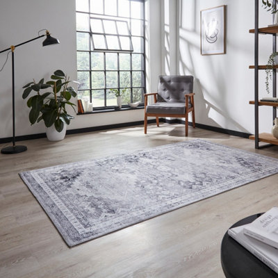 Grey Traditional Persian Bordered Geometric Rug for Dining Room Bed ...