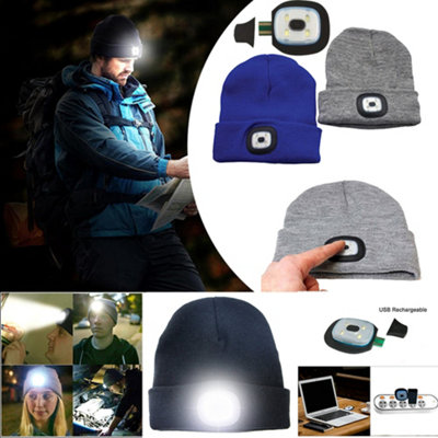 Grey Unisex LED Beanie Hat With USB Rechargeable Battery 5 Hours High Powered Light