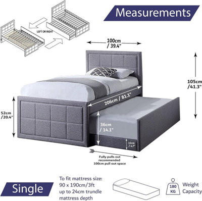 Grey Upholstered Single Trundle Bed Frame With Pull Out Bed