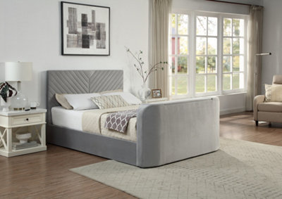 Grey Velvet Criss Cross Ottoman TV Bed With Storage Smart Bed With ...