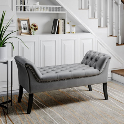 Grey Velvet Upholstered Bed End Bench Hallway Entryway Bench Footstool with Wooden Legs