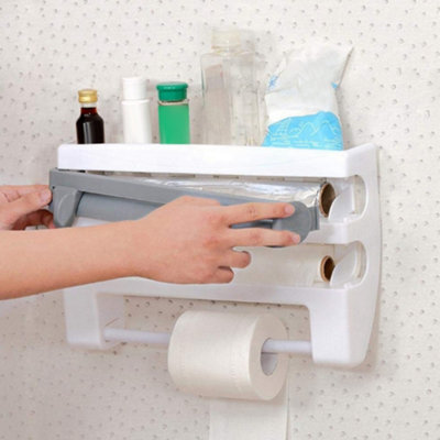 GREY WALL MOUNTED CLING FILM DISPENSER WITH CUTTER KITCHEN PAPER ROLL ...