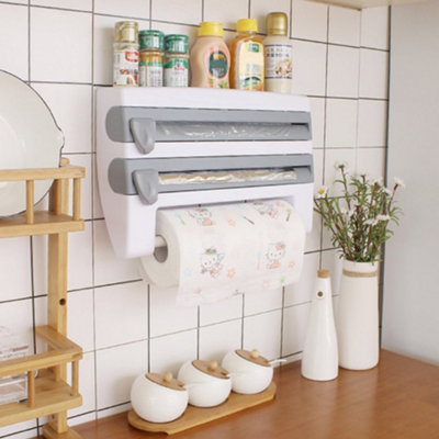 GREY WALL MOUNTED CLING FILM DISPENSER WITH CUTTER KITCHEN PAPER ROLL ...