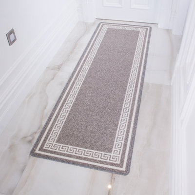 Grey White Geometric Bordered Non Slip Washable Kitchen Utility Runner ...