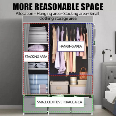 Grey With Drawer Large Canvas Wardrobe Hanging Rail Shelf Storage Organizer