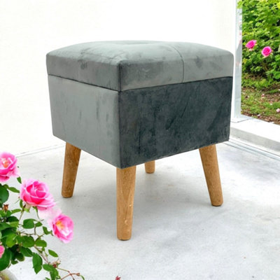 GREY WOODEN FOOTSTOOL WITH STORAGE