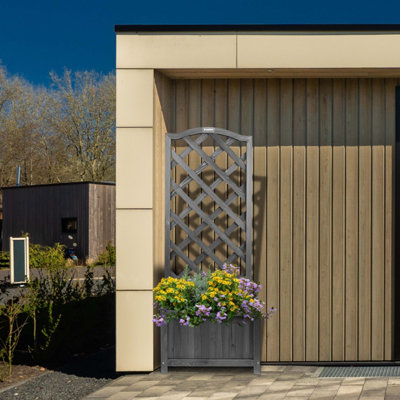 Grey Wooden Planter Lattice Trellis Flowerpot Plant Box - Medium