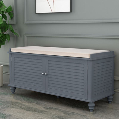 Grey Wooden Storage Bench Ottoman Toy Box Cushion Organizer with Linen Cushion