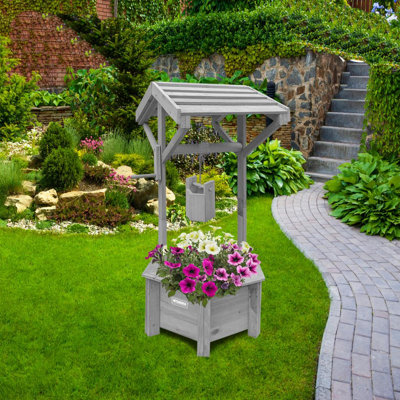 Grey Wooden Wishing Well Planter for Garden Indoor Outdoor Solid ...