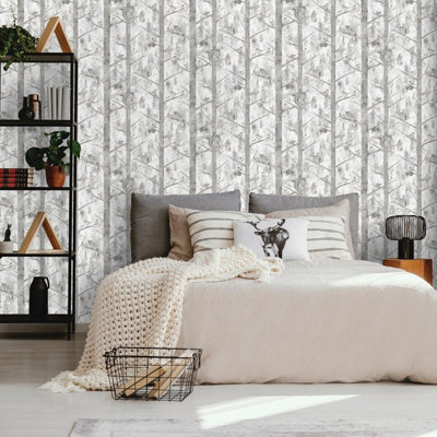 Grey Woodland Trees Wallpaper Silver Metallic Squirrel Birds Non-Woven ...