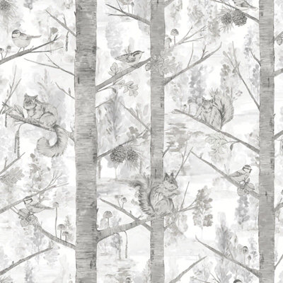 Grey Woodland Trees Wallpaper Silver Metallic Squirrel Birds Non-Woven ...