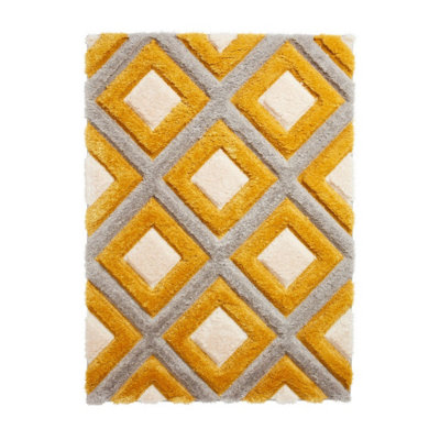 Grey Yellow Shaggy Rug, 40mm Thickness Geometric Rug, Modern Grey ...