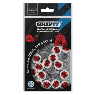 Gripit 18mm Plasterboard Fixing - 25 Pack (Red) Stud Wall Anchor Max ...