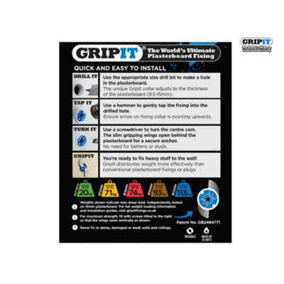 GRIPIT Grip it Blue 25mm 113kg Capacity Plasterboard Fixings and Bolts ...