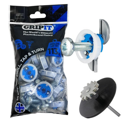 GRIPIT Grip it Blue 25mm Plasterboard Fixing Bolts + Recess Cutter ...