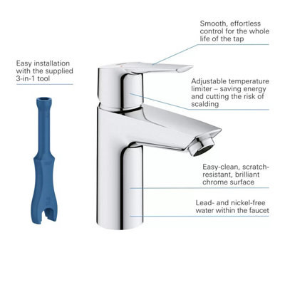 GROHE QuickFix Start Basin Mixer Tap Chrome Finish,Ceramic Cartridge ...
