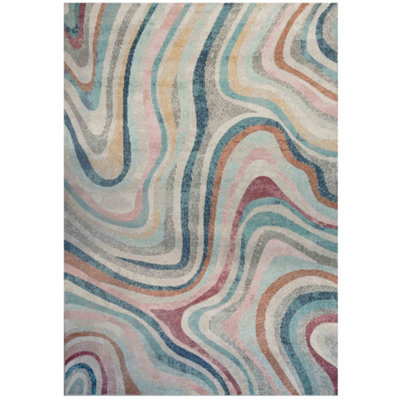 Grooved Lines Retro Milticoloured Pastel Fireside Living Area Rug 190cm ...
