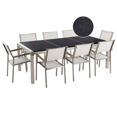 GROSSETO 8 Seater Garden Dining Set Black/ White Granite Triple Plate ...