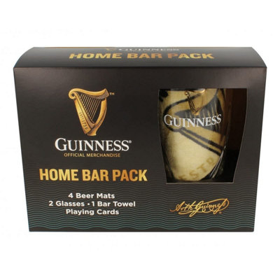 Guinness Home Bar Pack - Gravity Pint Glasses, Towel & Playing cards