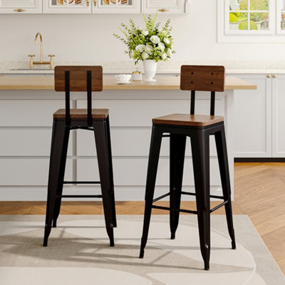H&O Metal Bar Stools Set of 2 Barstools with Back Breakfast Stools ...