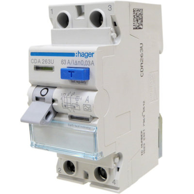 Hager CDA263U 63 Amp 30mA A-Type RCD Double Pole DIN Rail