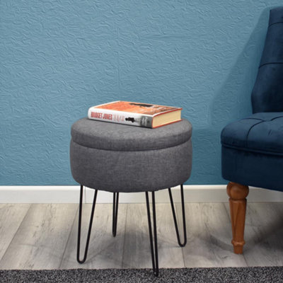 Hairpin leg storage stool in Grey Linen