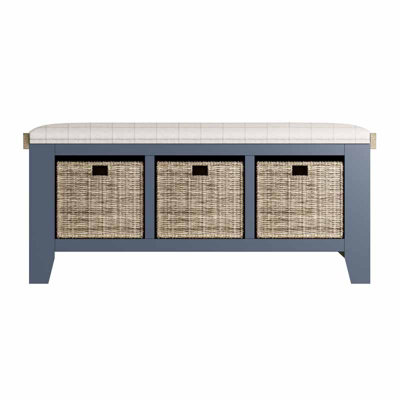 Hall Bench - Pine/MDF/Wool/Wicker - L110 x W35 x H50 cm - Blue/Natural ...