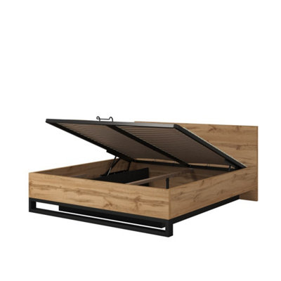Halle EU Super King Ottoman Bed - Oak Wotan & Black Luxury Storage Design