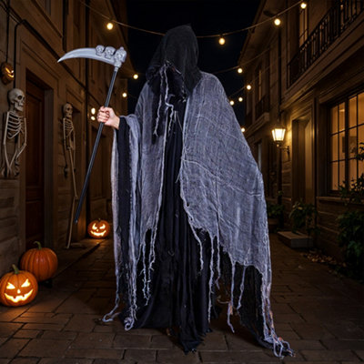 Halloween Black Linen Phantom Costume Skeleton Cloak