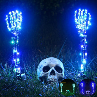 Halloween Lighted Skeleton Set, Skeleton Head & Arm Stakes with 2 Green ...