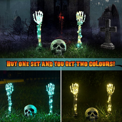 Halloween Lighted Skeleton Set, Skeleton Head & Arm Stakes with 2 Green ...