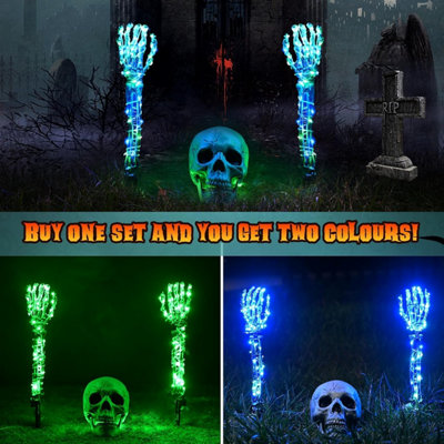 Halloween Lighted Skeleton Set, Skull Arm Stakes with 1 Remote Green ...
