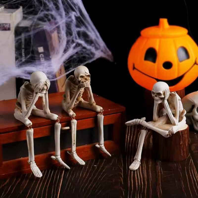 Halloween Resin Skeleton Statues Set See Speak Hear No Evil Skull Decor