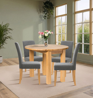 Hallowood Furniture Waverly Drop Leaf Round Table with 4 Upholstered Chairs in Grey Fabric
