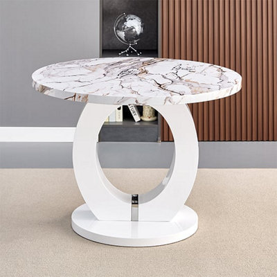 HALO HIGH GLOSS DINING TABLE ROUND IN WHITE MILO MARBLE EFFECT