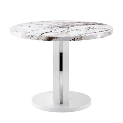 HALO HIGH GLOSS DINING TABLE ROUND IN WHITE MILO MARBLE EFFECT