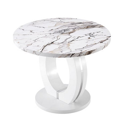 HALO HIGH GLOSS DINING TABLE ROUND IN WHITE MILO MARBLE EFFECT
