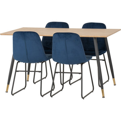 Hamilton Dining Set with 4 Lukas Chairs Medium Oak Effect Blue Velvet ...
