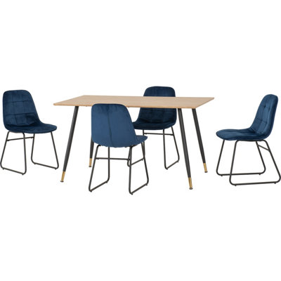 Hamilton Dining Set with 4 Lukas Chairs Medium Oak Effect Blue Velvet ...