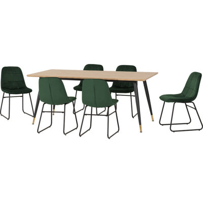 Hamilton Large Dining Set Oak Effect with 6 Green Velvet Lukas Chairs