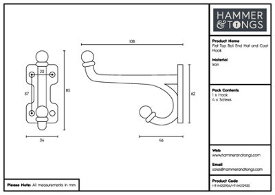 Hammer & Tongs Flat Top Ball End Hat & Coat Hook - W35mm x H85mm - Raw