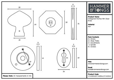 Hammer & Tongs Octagonal Rim & Mortice Door Knob - W60mm - Black