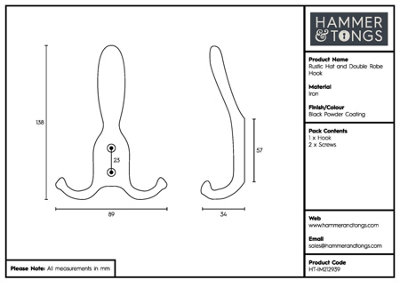 Hammer & Tongs Rustic Hat and Double Robe Hook - W90mm x H140mm - Black