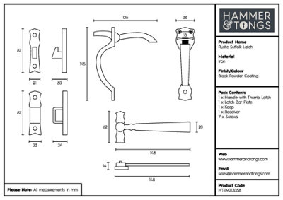Hammer & Tongs Rustic Suffolk Latch - H195mm - Black
