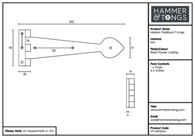 Hammer & Tongs Traditional T-Hinge - W290mm - Black - Pack of 2