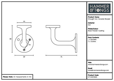 Hammer & Tongs Wrought Iron Handrail Bracket - D75mm x H85mm - Black
