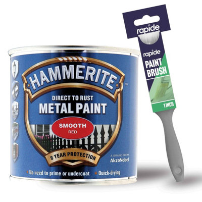 Hammerite Smooth Red Metal Paint 250ml with 1" Paint Brush